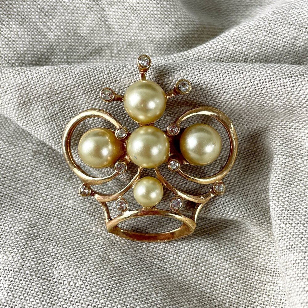 Atomic Crown Brooch With Pearls And Rhinestones - 195… - Gem